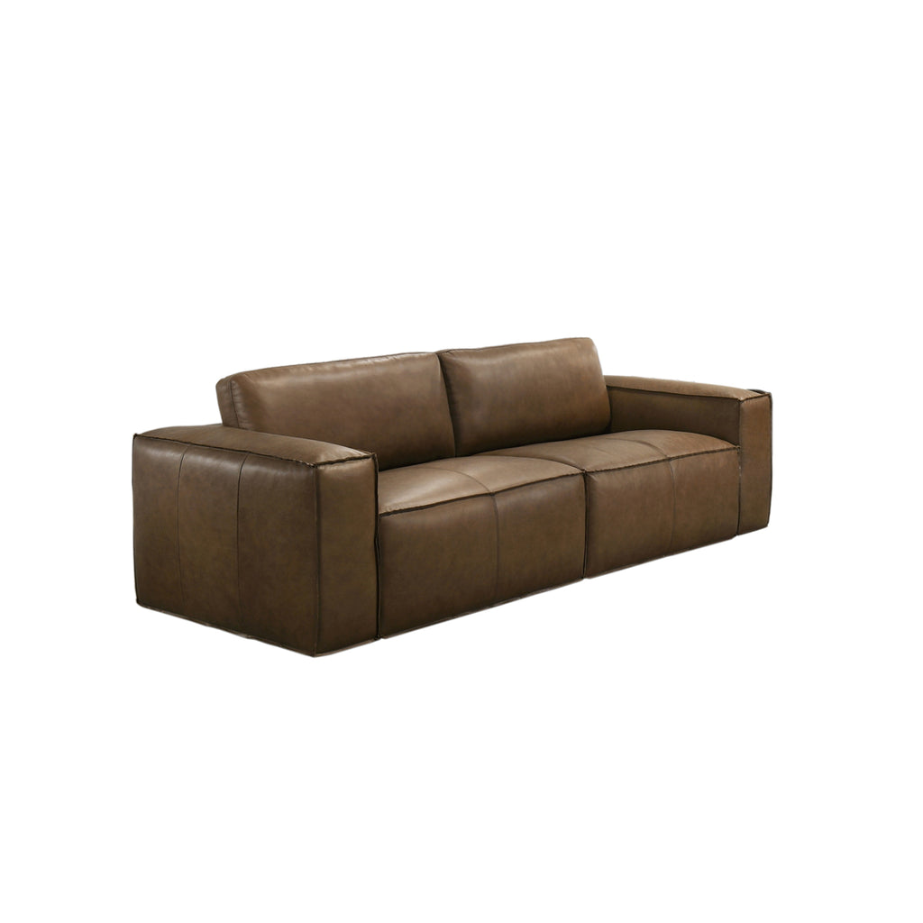 SOFA ESTACIONARIO DE CUATRO ASIENTOS CON FRENTE DE PIEL MARRON – Ilumel